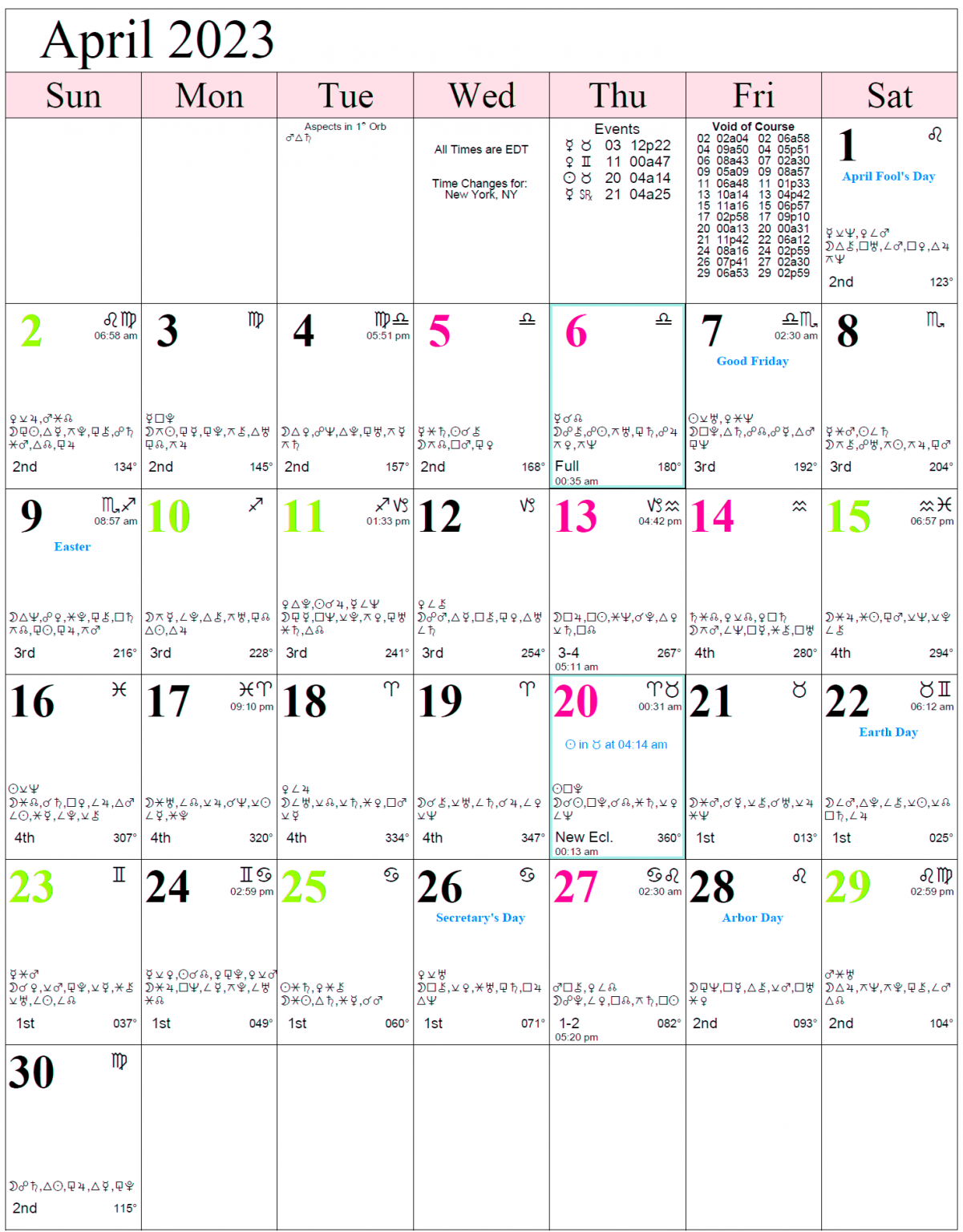 Monthly Astro Calendars | Cafe Astrology .com